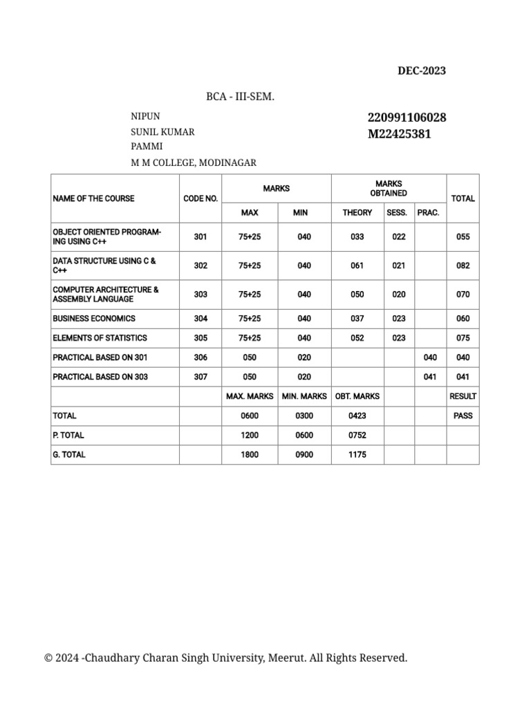 BCA III Semester Exam Results DEC 2023 | PDF