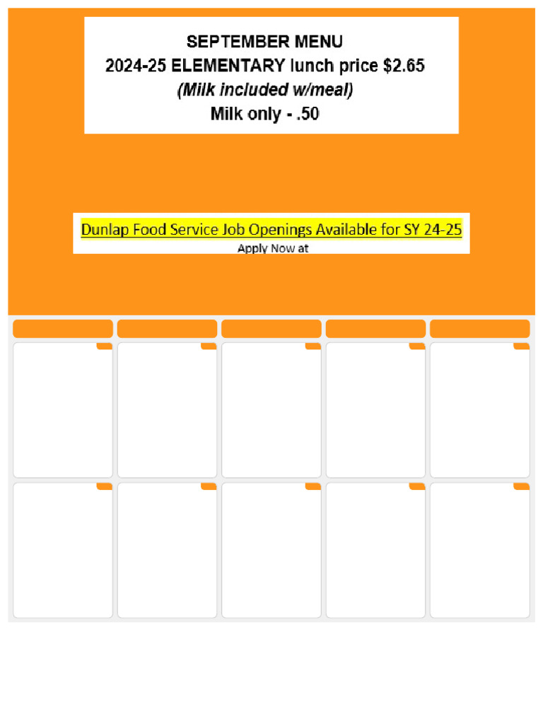 Dunlap Elementary Schools Lunch Menu - September 2024 | PDF | Lunch | Meal