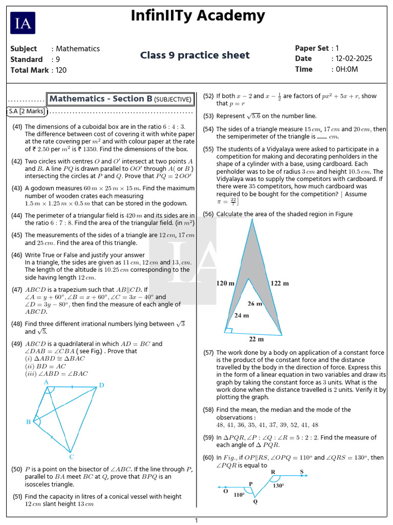 Class 9 Practice Sheet 1739327410 | PDF | Area | Rectangle
