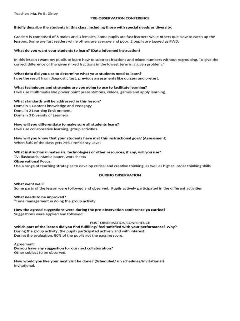 Pre-Observation Conference Insights for Teachers | PDF | Learning ...