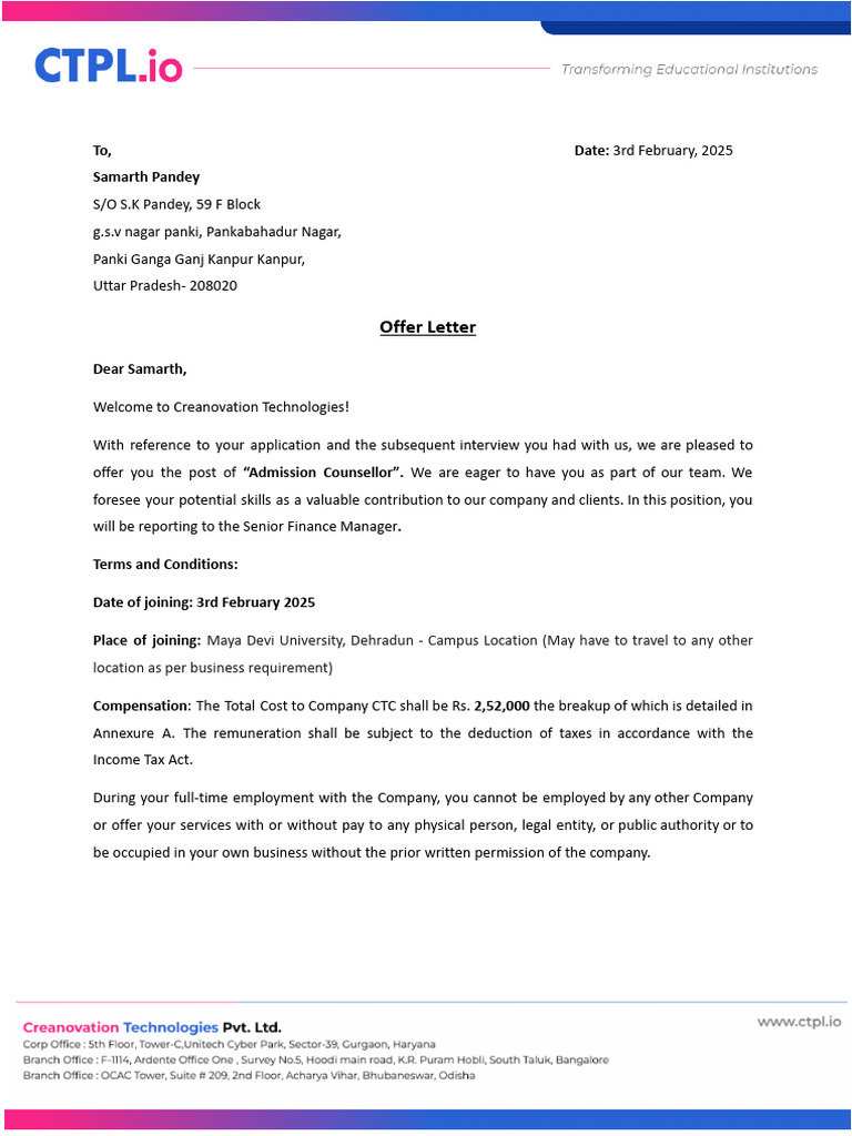 Offer Letter - Samarth Pandey.docx (1) | PDF | Employment | Arbitration