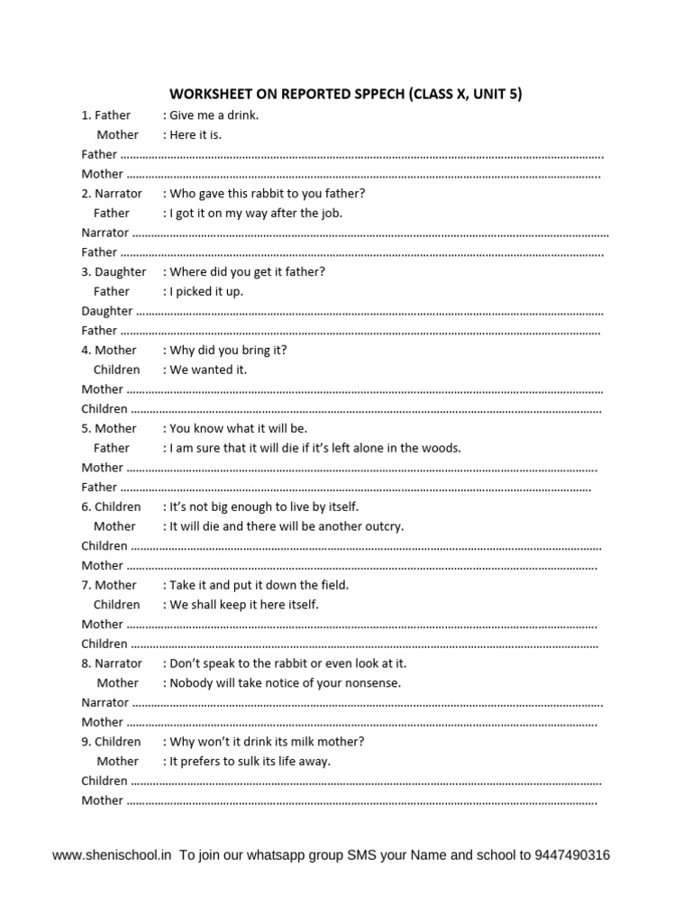 Reported Speech Worksheet for Class X | PDF