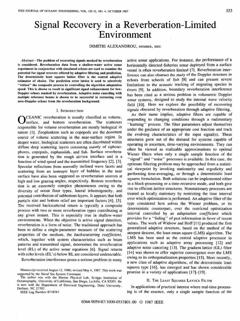 Signal Recovery in A Reverberation-Limited Environment | PDF | Sonar ...