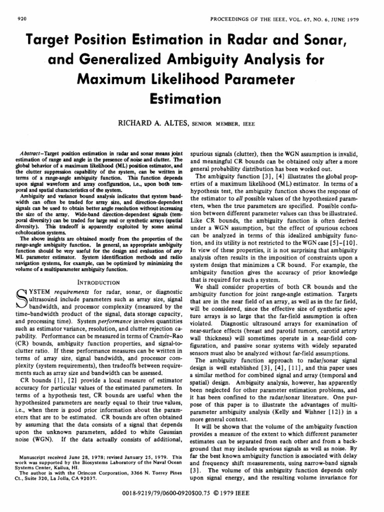 Target Position Estimation in Radar and Sonar, and Generalized Ambigu-ity Analysis for Maximum ...