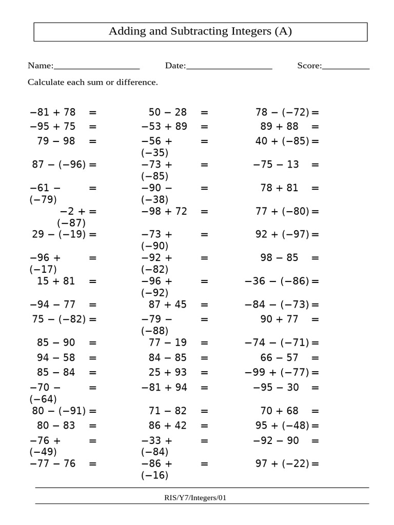 Integers Worksheet - Adding and Subtracting Mixed Integers From - 99 To ...