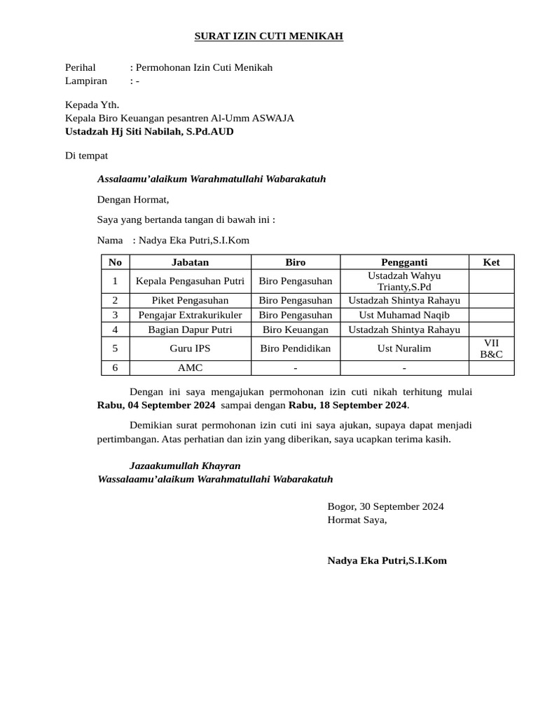 SURAT IZIN CUTI Menikah | PDF