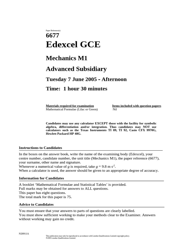 Mechanics 1 Edexcel IAL June 2005 QP No Ms | PDF | Acceleration | Force