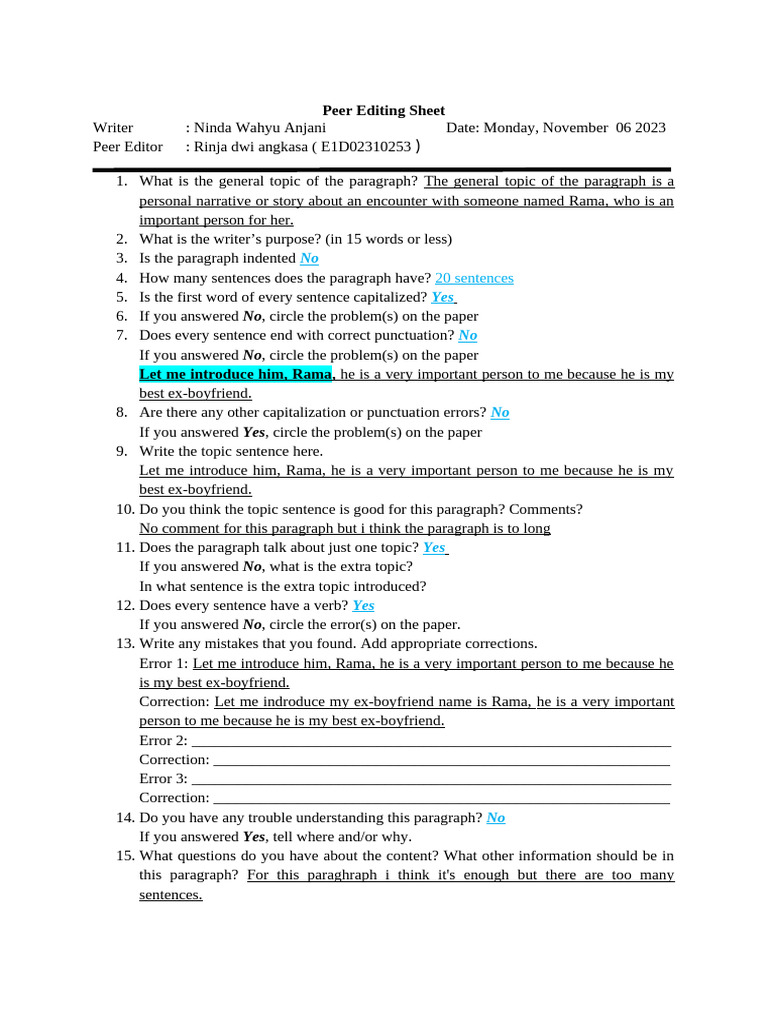 Peer Editing Sheet for Personal Narrative | PDF | Paragraph | Typography