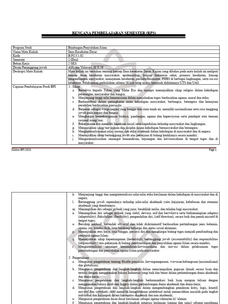 RPS Ilmu Kesehatan Dasar BPI 2023 | PDF