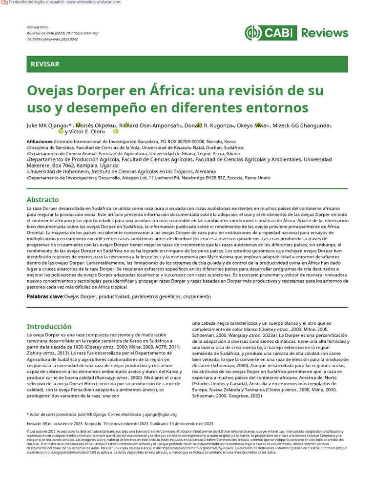 Ojango Et Al 2023 Dorper Sheep in Africa A Review of Their Use and ...