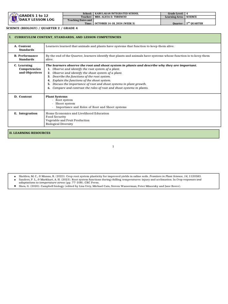 Q2 - LE - Science 4 - Lesson 3 - Week 3 | PDF | Plants | Root