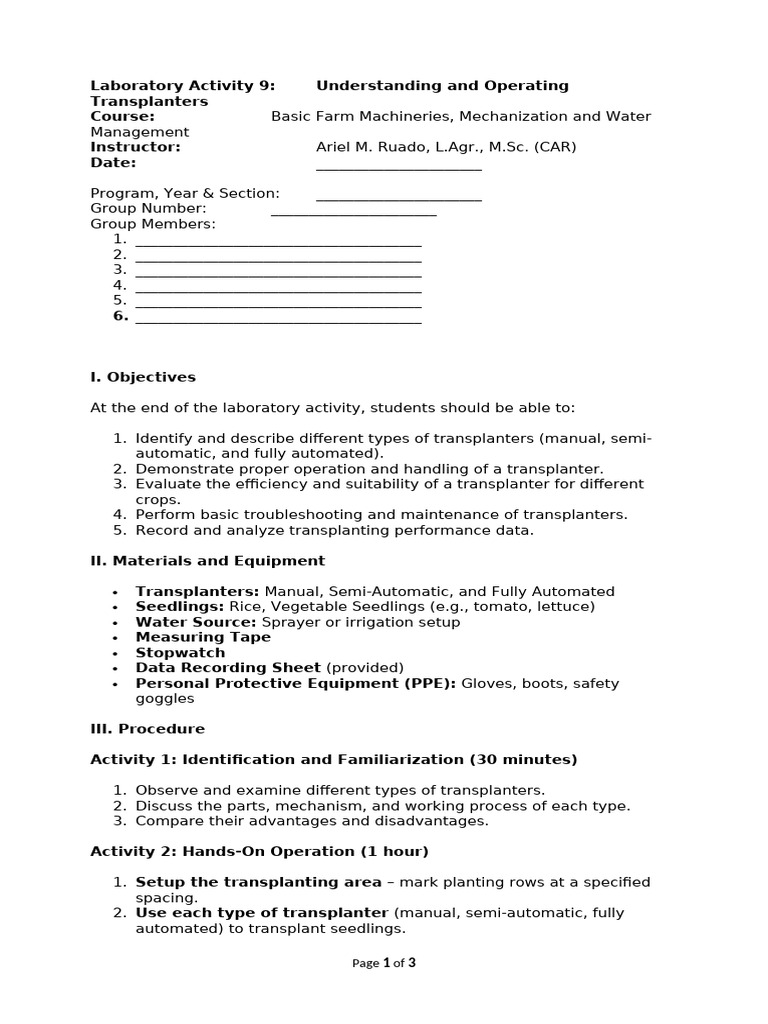 Laboratory Activity 9 Bafarm23g Pdf Agricultural Machinery