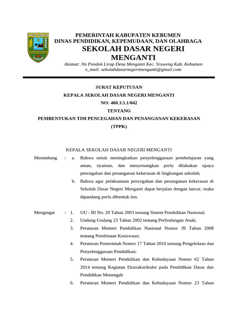 SK Tim Pencegahan dan Penanganan Kekerasan di Lingkungan Satuan Pendidikan | PDF
