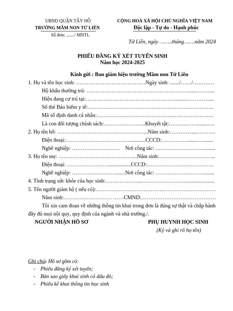 Phieu Dang Ky Xet Tuyen Sinh Ff411 | PDF
