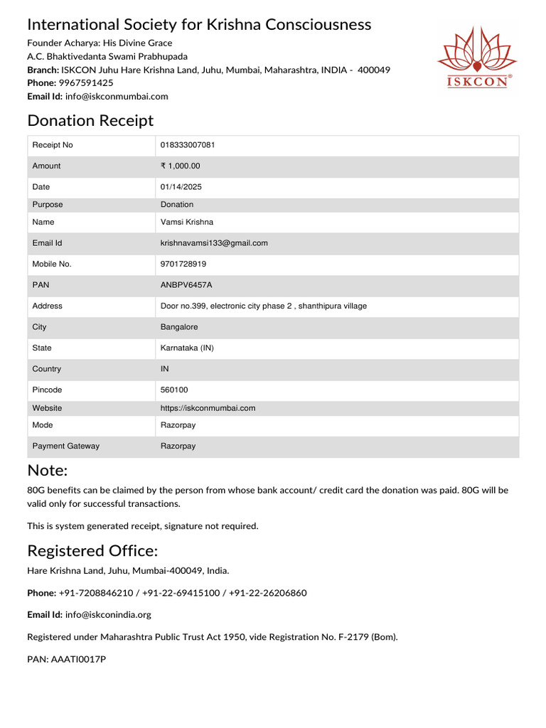 Vamsi Krishna - 018333007081 - Donation - Receipt | PDF