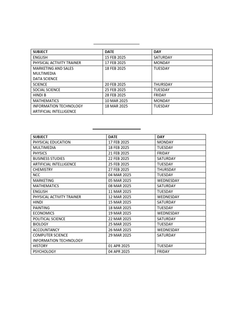 Date Sheet Board Examination Class X and Xii Army Public School Gwalior ...