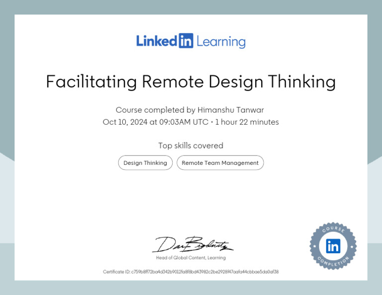 CertificateOfCompletion_Facilitating Remote Design Thinking | PDF