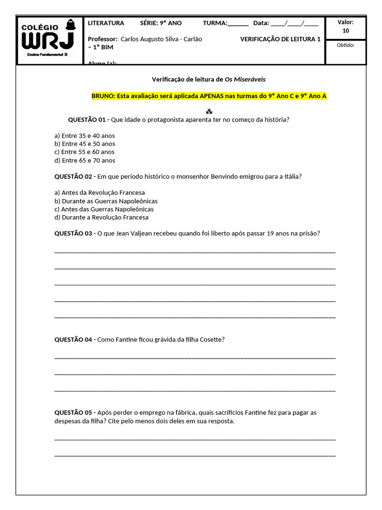 9 OsMiseraveis VerificacaoDeLeitura1Questoes Literatura 1bim 2025 CarlosAugustoSilvaCarl C3 A3o ...