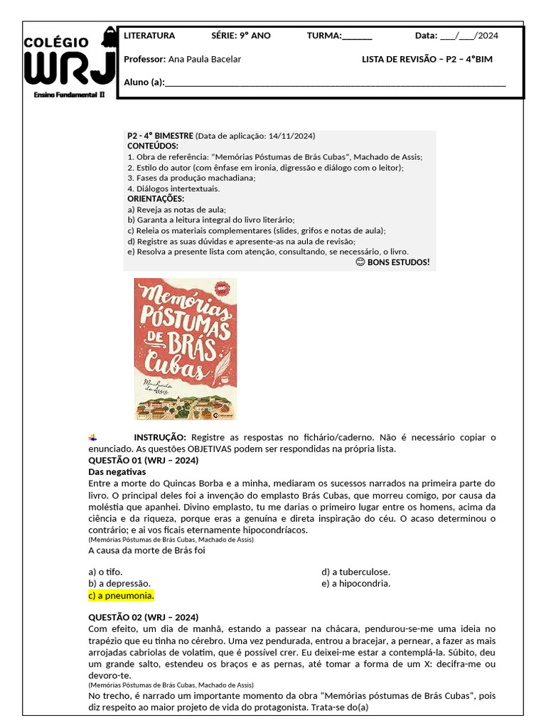 9 Lista de Revis C3 A3o Literatura p2 4bim Ana Paula 2024 | PDF