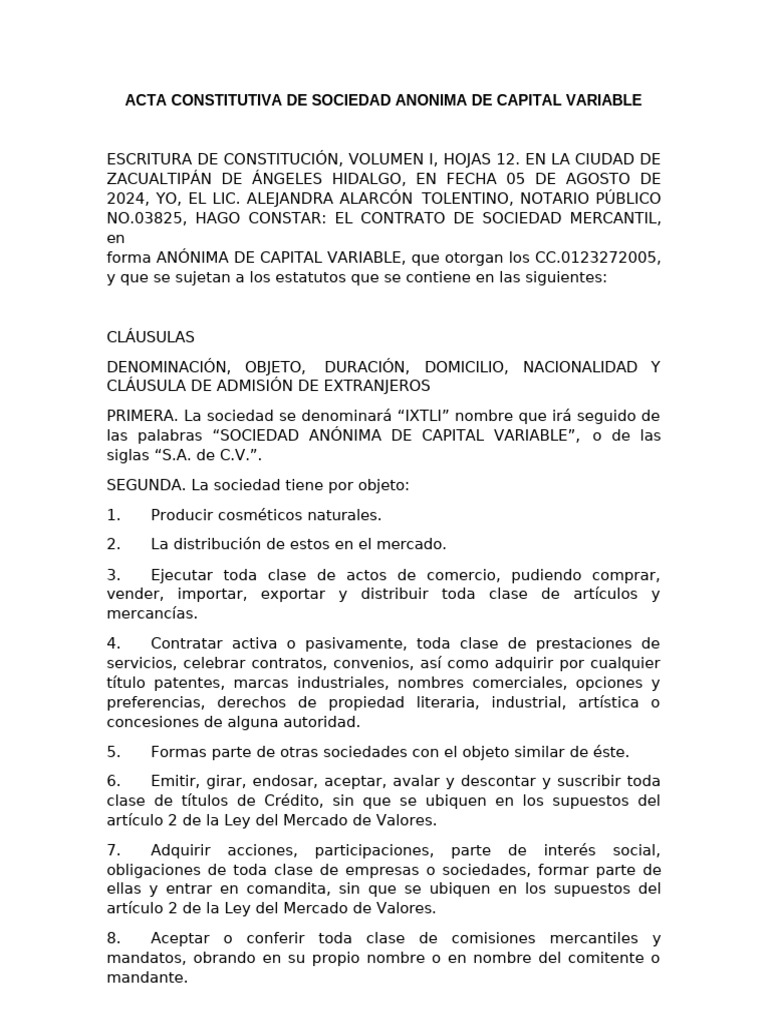 Acta Constitutiva de Sociedad Anonima de Capital Variable | PDF | Sociedad de responsabilidad ...