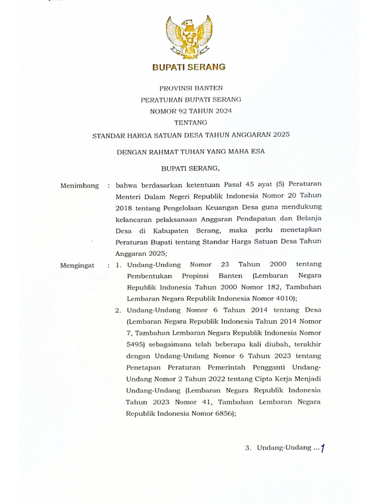 2025 Perbup Serang No 92 Tahun 2024 Tentang SHS Desa TA 2025 | PDF
