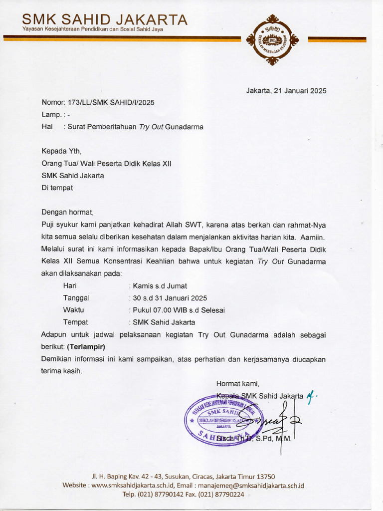 Surat Pemberitahuan Tryout Gunadarma 2025 | PDF