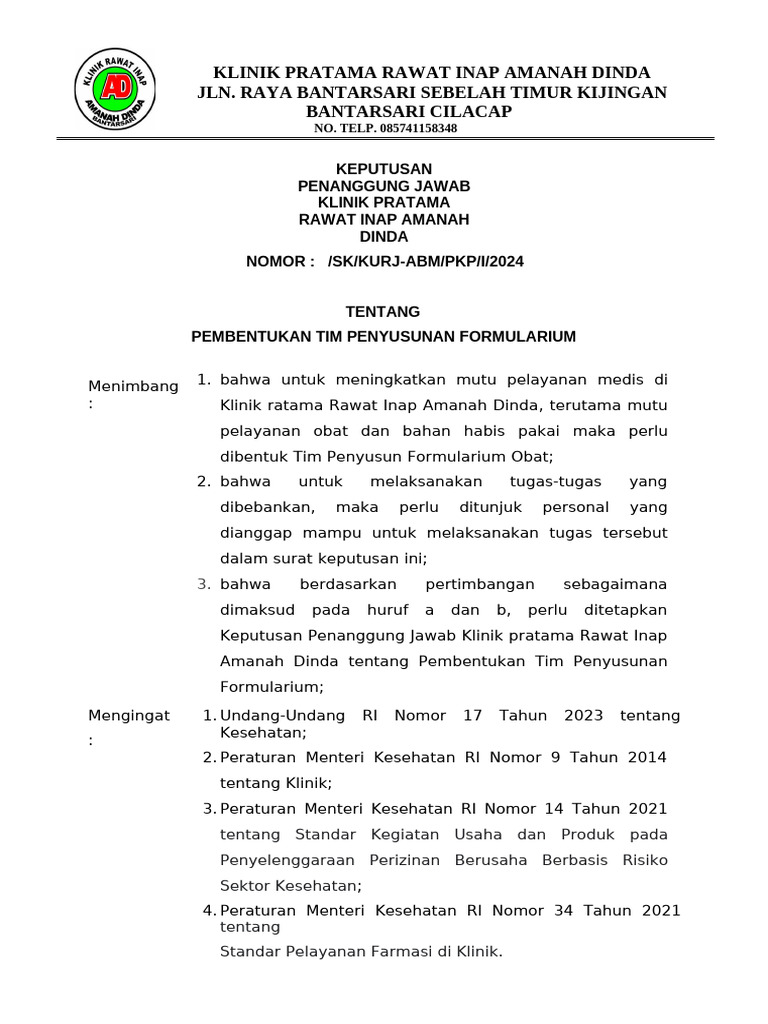 Revisi SK Tim Formularium Klinik New | PDF