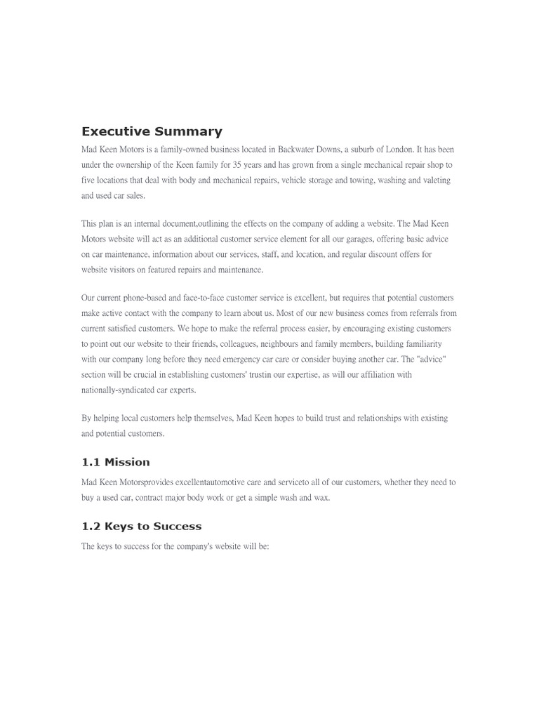 Business Plan Samples - Automotive Repair - Sales - Valet Business Plan ...