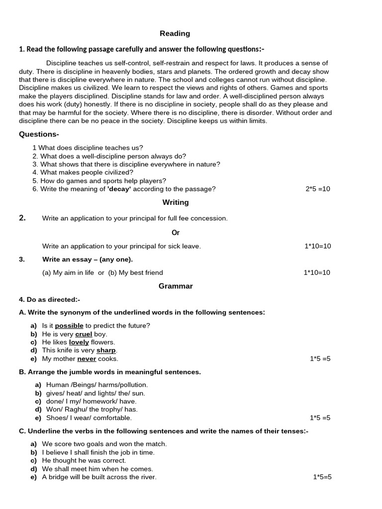 Class 5th English Question Papers | PDF | Verb | Linguistics