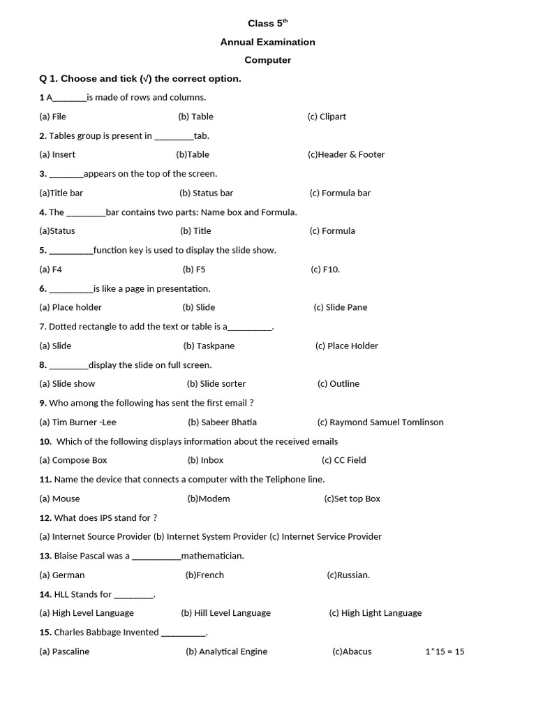Class 5 Computer Exam Questions | PDF | Microsoft Excel | Microsoft ...