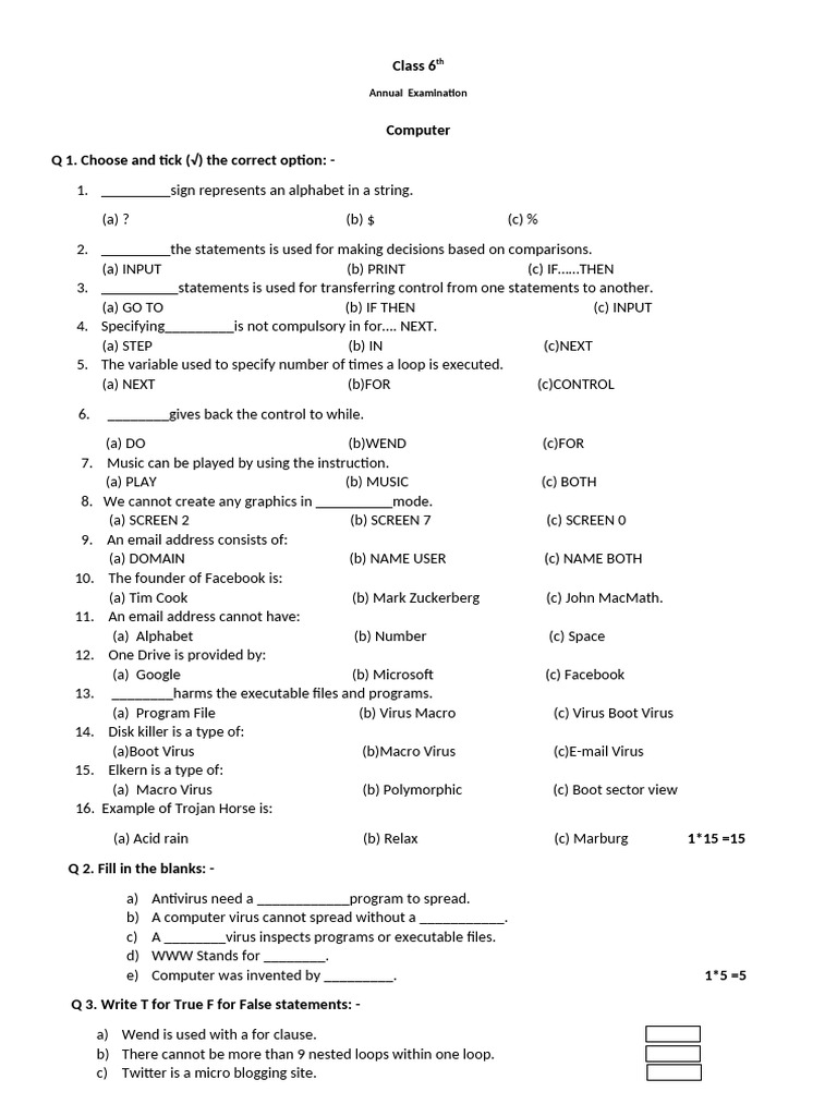 Class 7th Computer Final question paper | PDF | Computer Virus ...