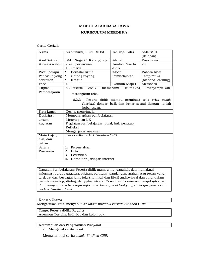 Modul Ajar Cerita Cerkak | PDF