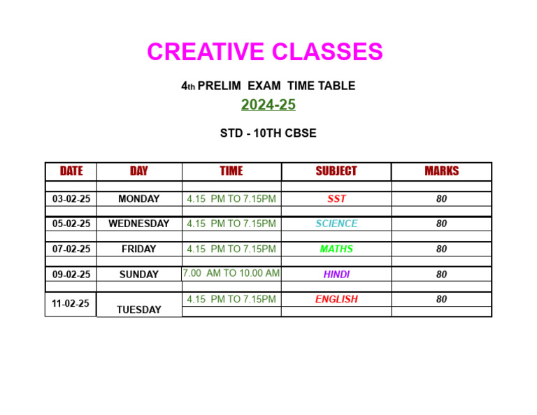 10th CBSE 4th Prelim Exam Time Table | PDF