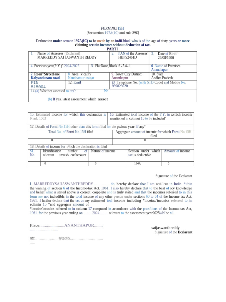 Form 15 H | PDF | Income Tax | Fine (Penalty)