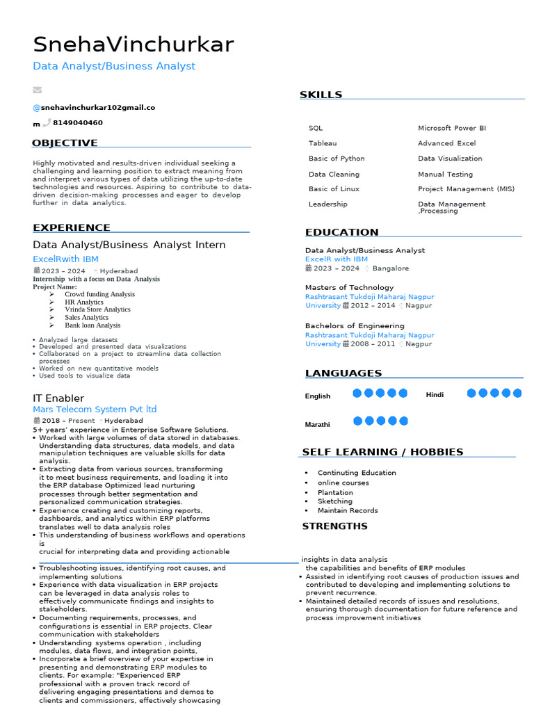 Data Analyst Resume Sneha | PDF | Enterprise Resource Planning | Analytics