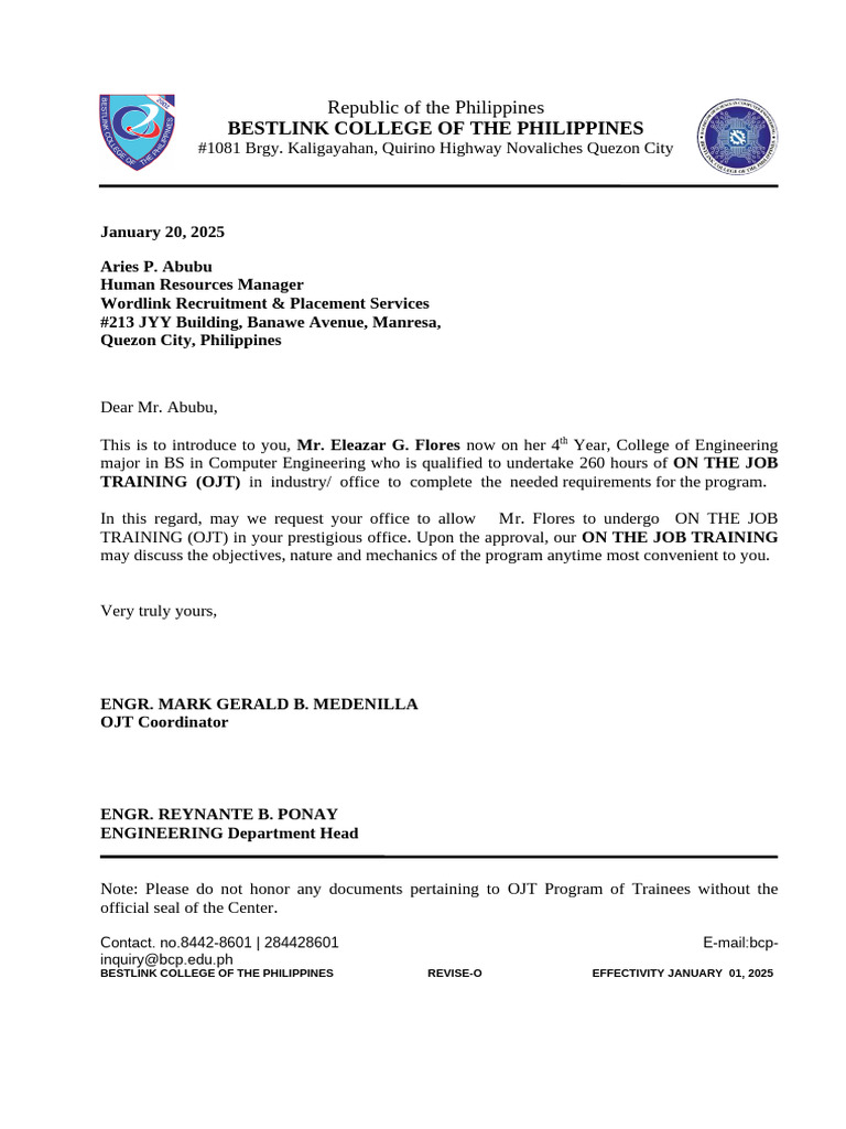 OJT Request for Computer Engineering Student | PDF