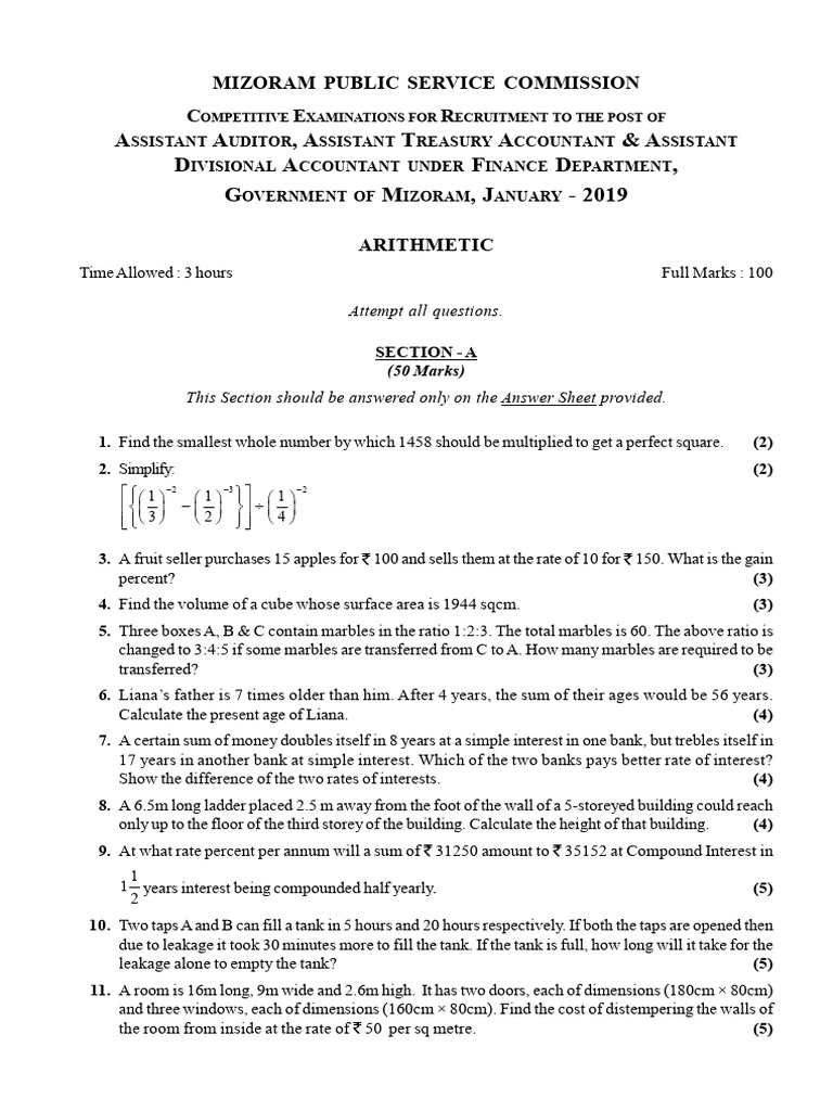 Mizoram PSC Assistant Auditor Exam 2019 | PDF | Arithmetic | Mathematics