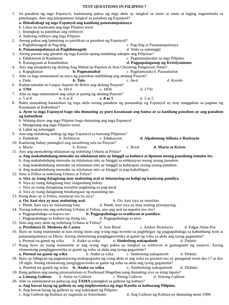 Test Questions in Filipino 7 Answer Key | PDF