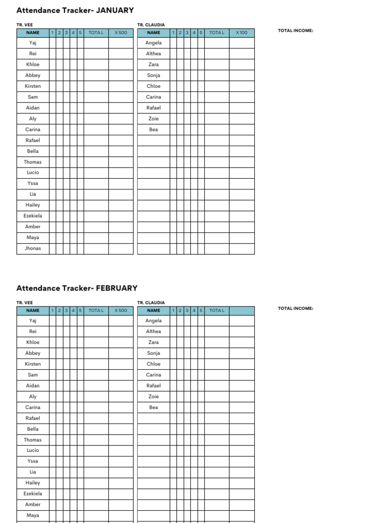 Attendance Tracker in Pastel Color and Monochromatic Simple Style (A4 ...