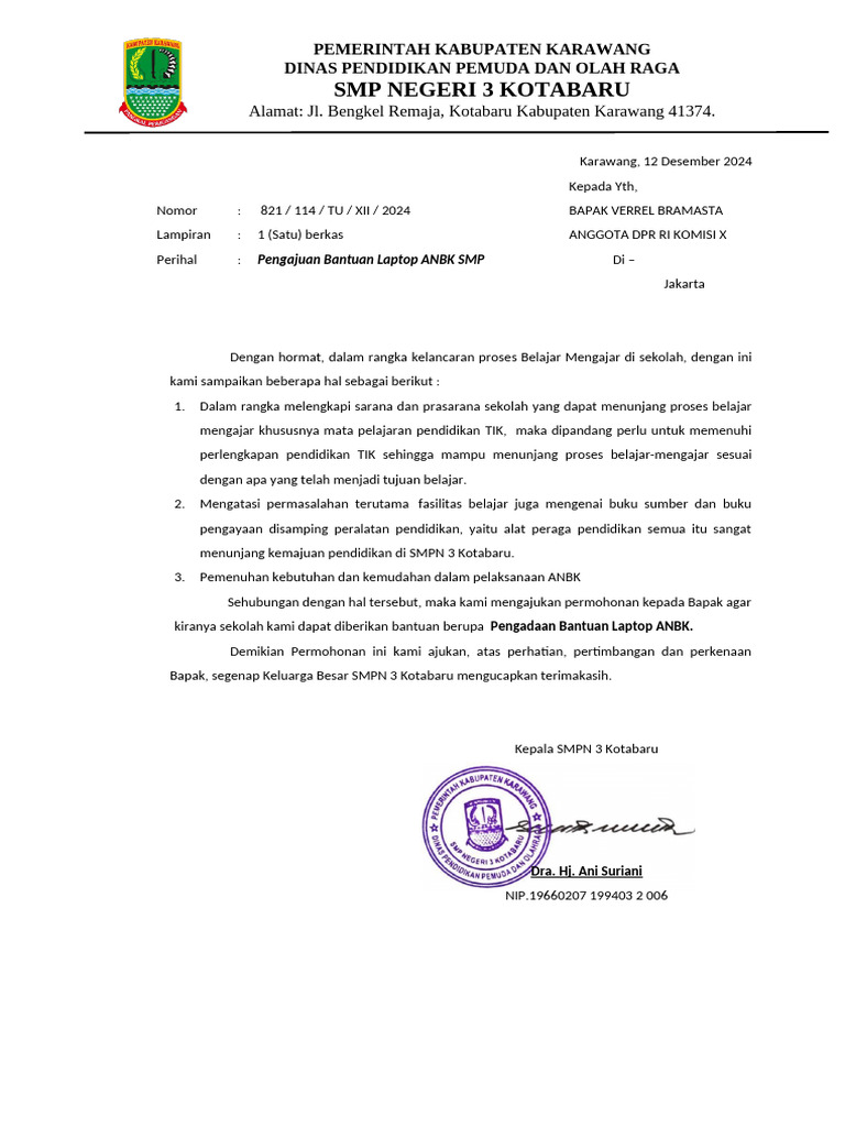 Pengajuan Bantuan Laptop ANBK SMP | PDF