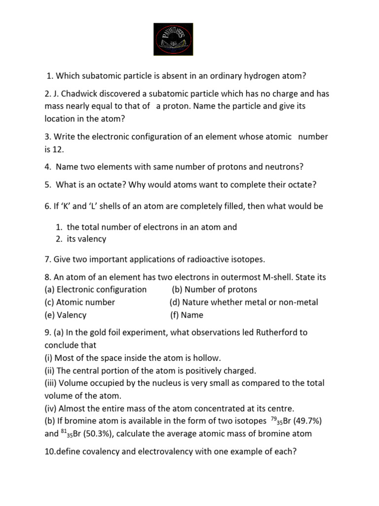 Subatomic Particles and Atomic Structure Quiz | PDF
