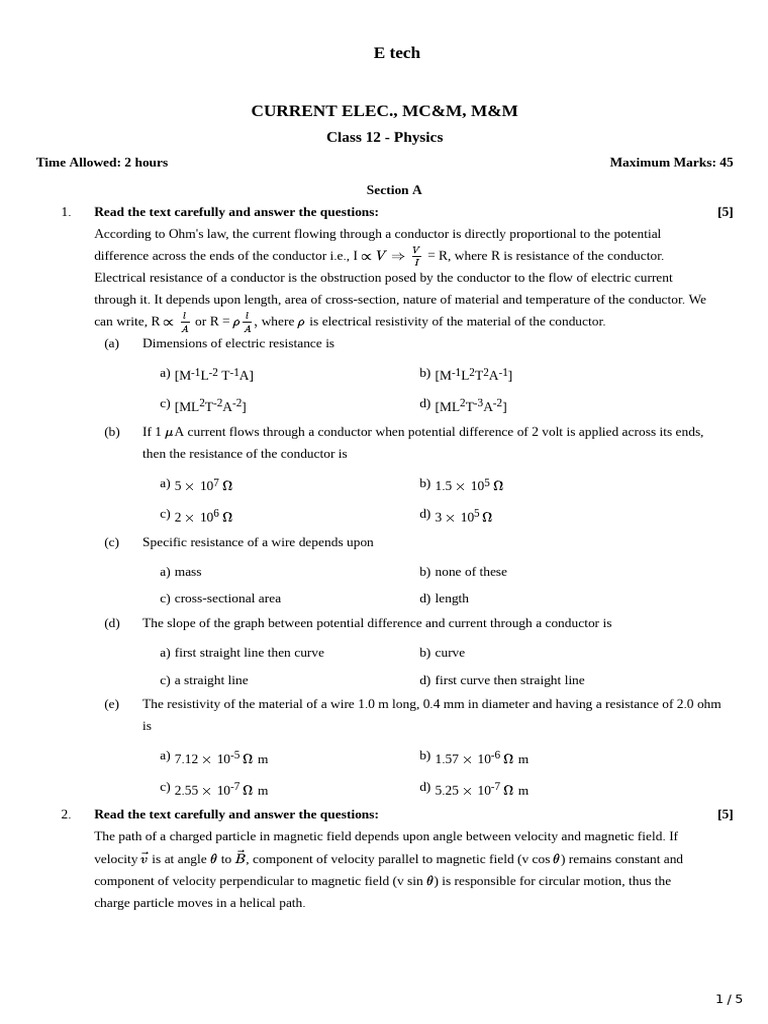 Current Ele.,MC&M, M&M Test | PDF | Magnetic Field | Magnetism