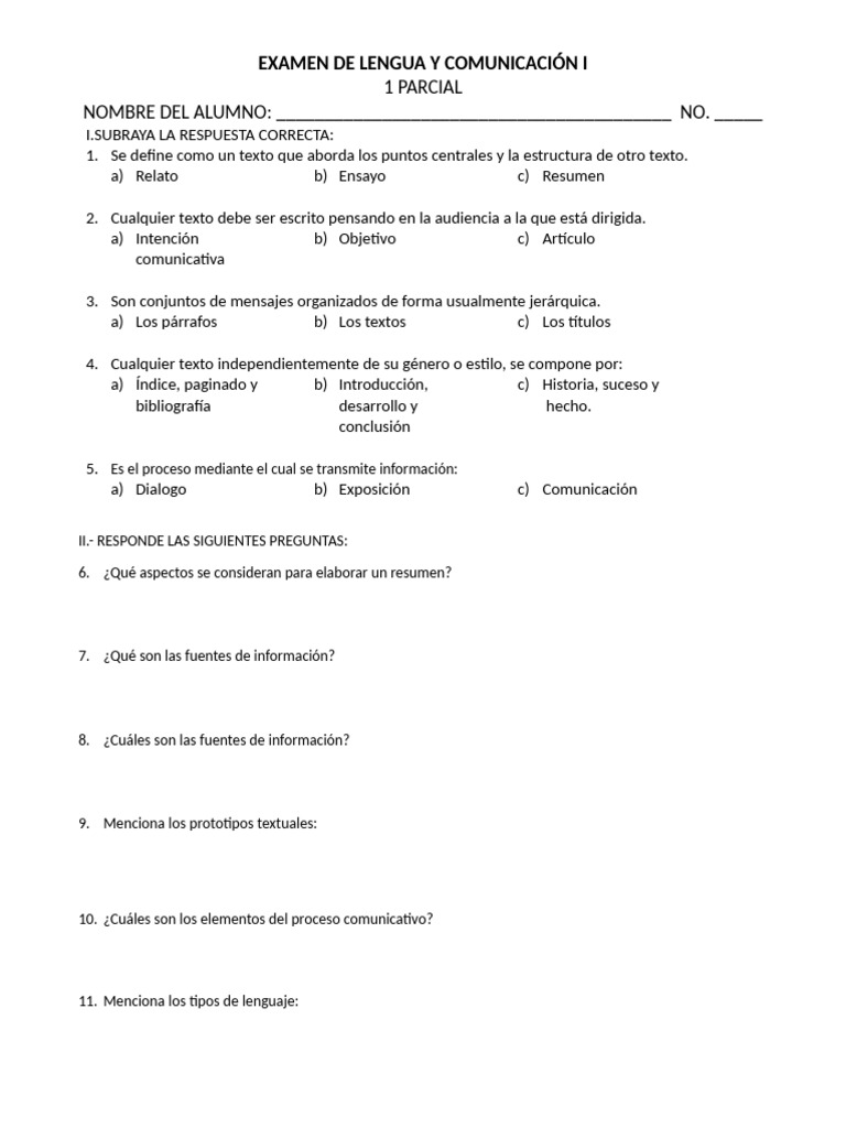 Examen 1 Parcial - Lengua y Comunicacion | PDF