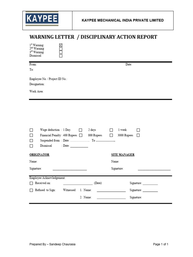 Warning Letter Blank Format Pdf