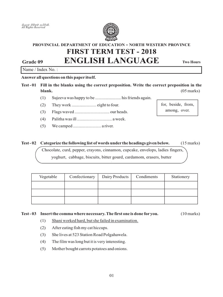 Grade 9 English First Term Test 2018 | PDF
