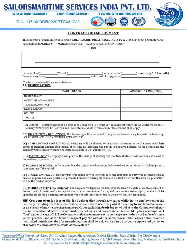 Seafarer Contract Duration Details | PDF | Salary | Employment