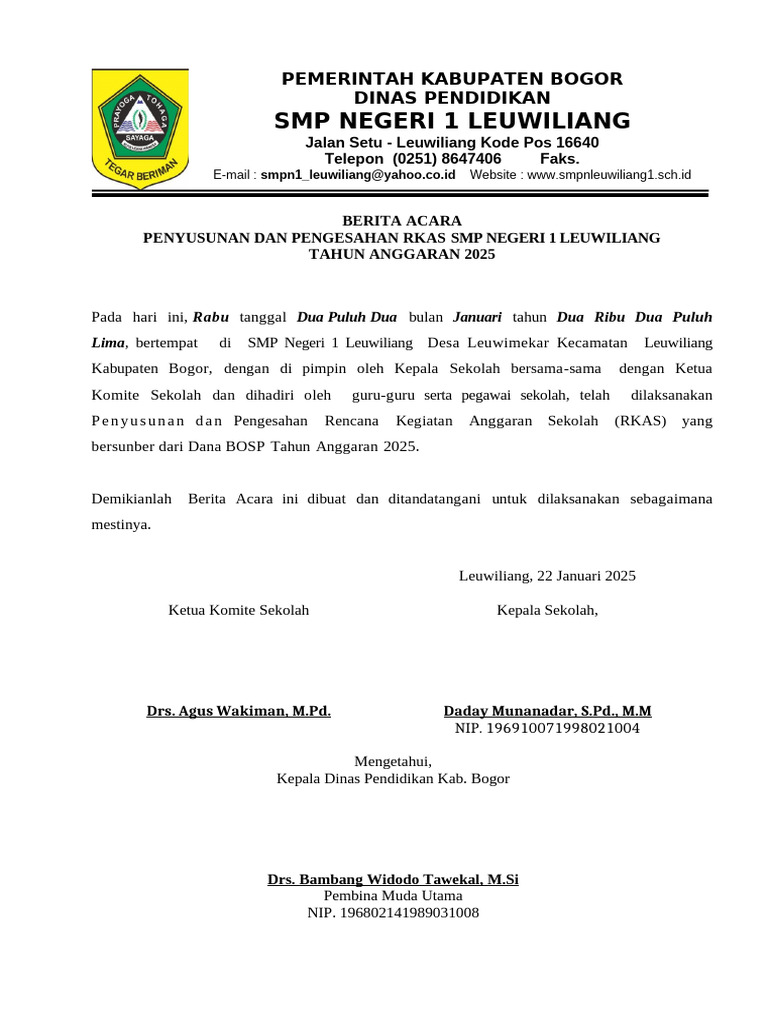 BERITA ACARA PENYUSUNAN RKAS DAN RKAS BOS 2025 SMPN 1 leuwiliang | PDF