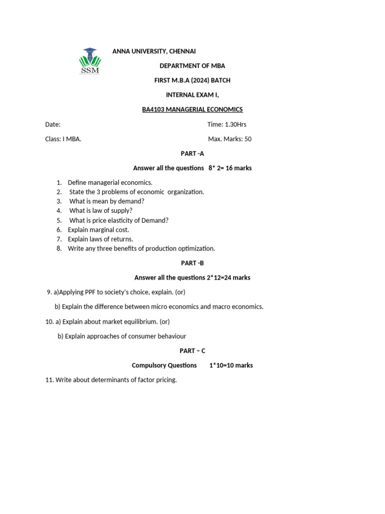 I Internal QP Managerial Economics-1 | PDF