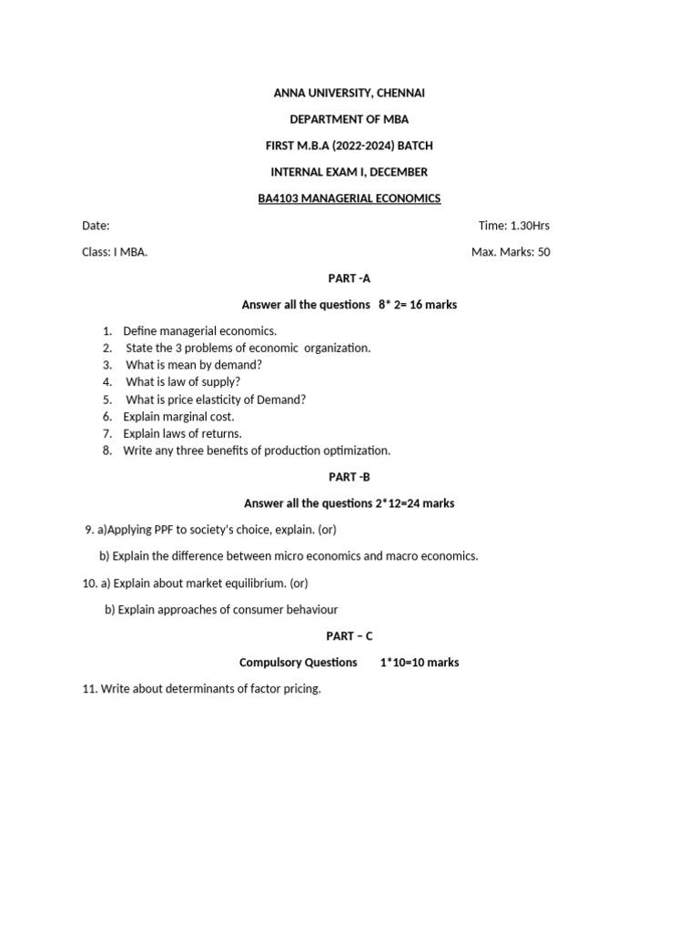 I Internal QP Managerial Economics | PDF