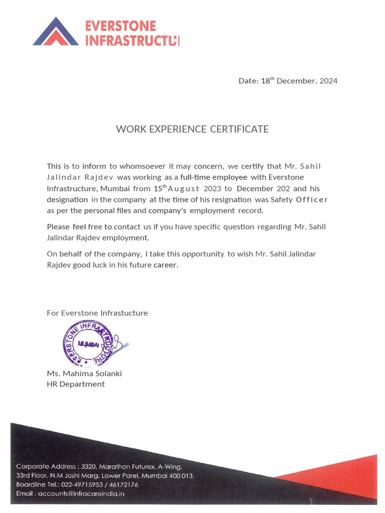 Sahil Rajdev Reliving Letter | PDF